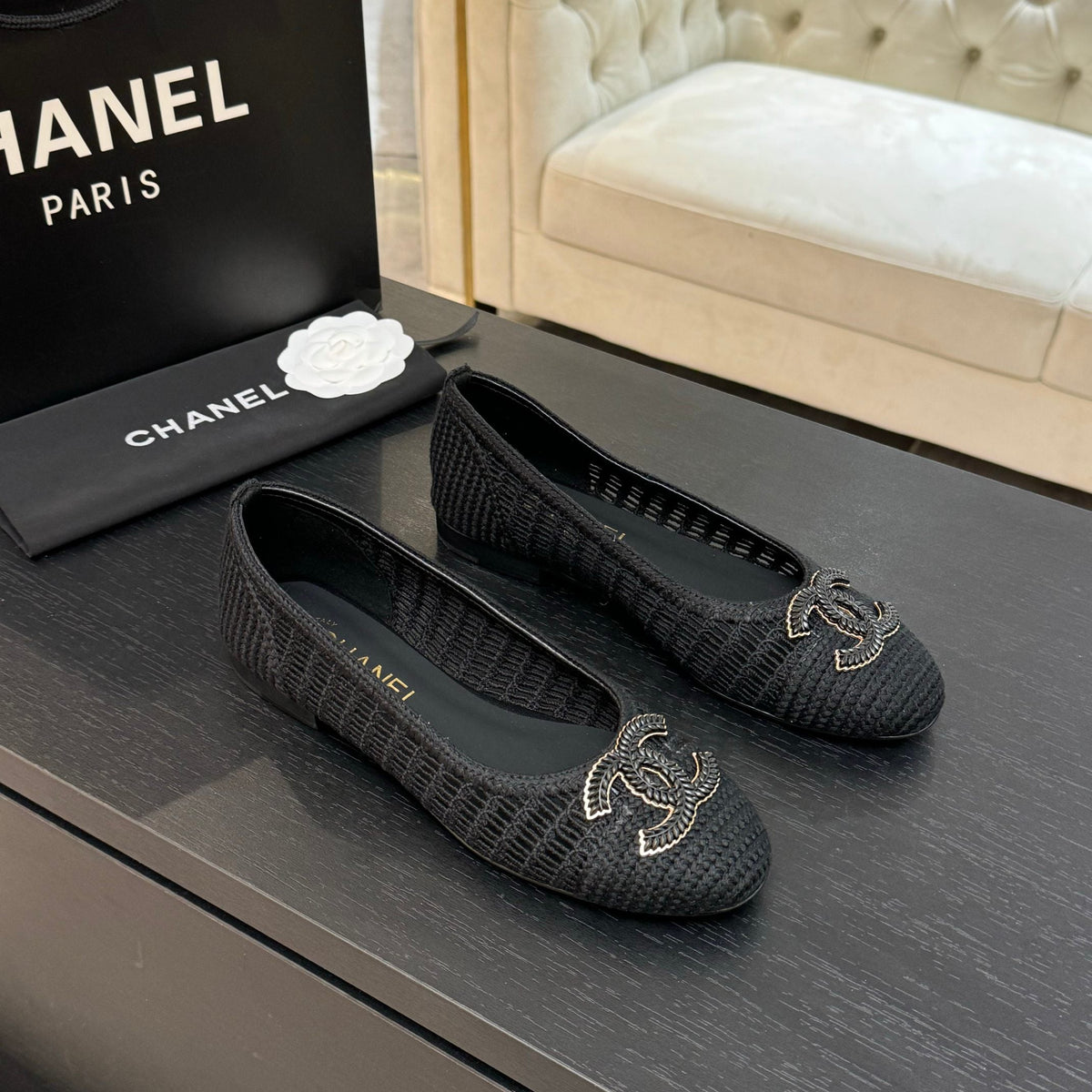 CC 25P Ballet Flat Black Raffia Large Logo – Kal Recovery