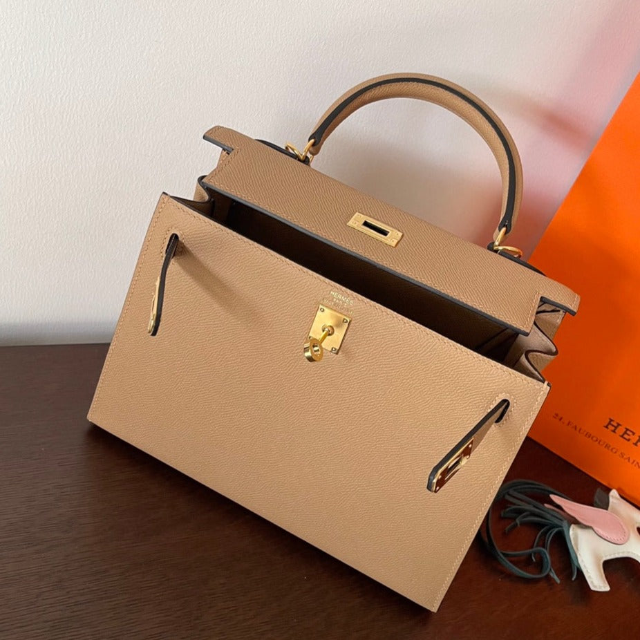 HM KELLY 25CM BEIGE EPSOM LEATHER GOLD HARDWARE – Meejuri
