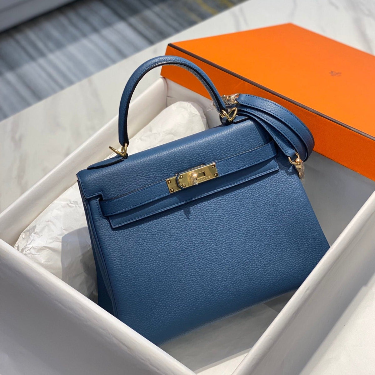 hm kelly 32cm blue togo leather gold hardware – Meejuri