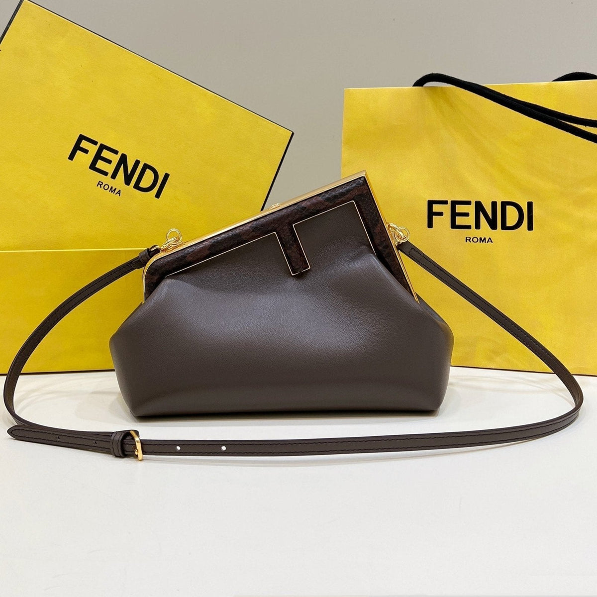 FENDI FIRST MEDIUM 26 BAG IN CHOCOLATE BROWN CALFSKIN WITH GOLD HARDWA ...