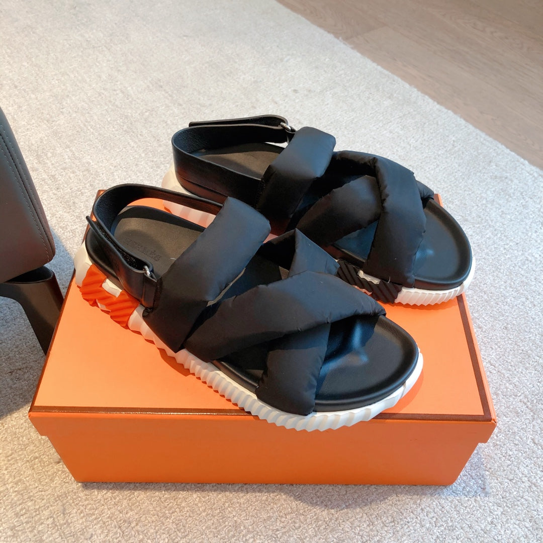HM ELECTRIC SANDAL BLACK FABRIC AND CALFSKIN – Kal Recovery