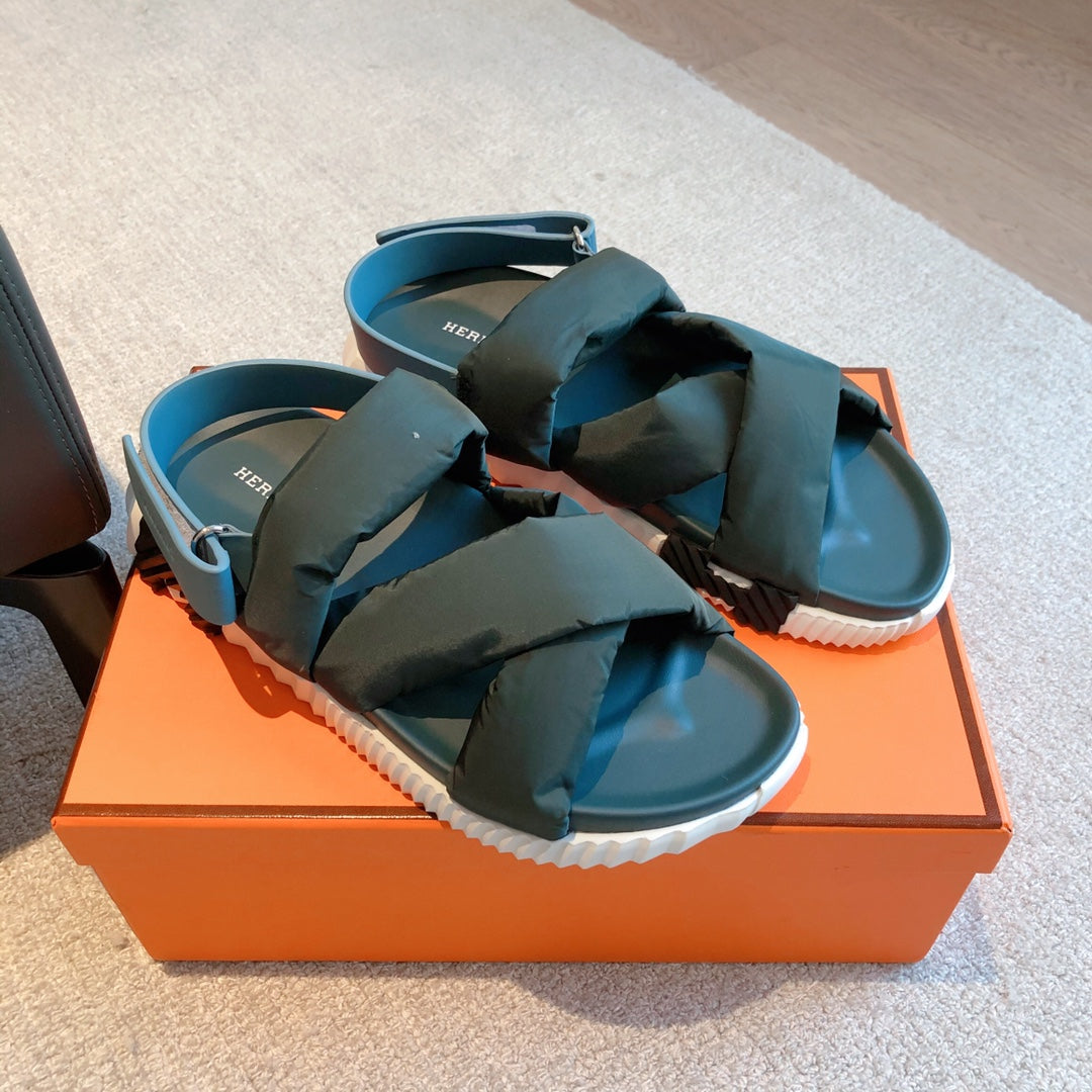 HM ELECTRIC SANDAL SPRUCE FABRIC AND CALFSKIN – Meejuri
