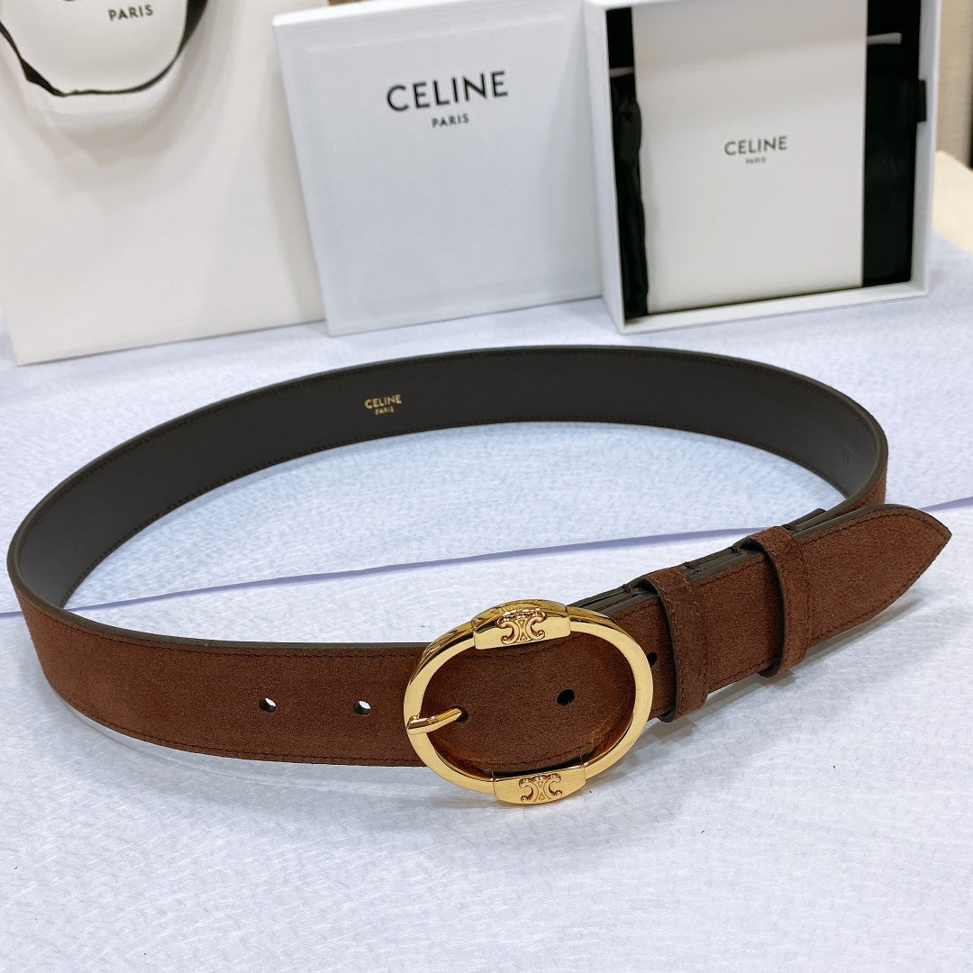 CL LARGE 35MM TWIN TRIOMPHE BELT IN CHOCOLATE BROWN SUEDE GOLD HARDWAR ...