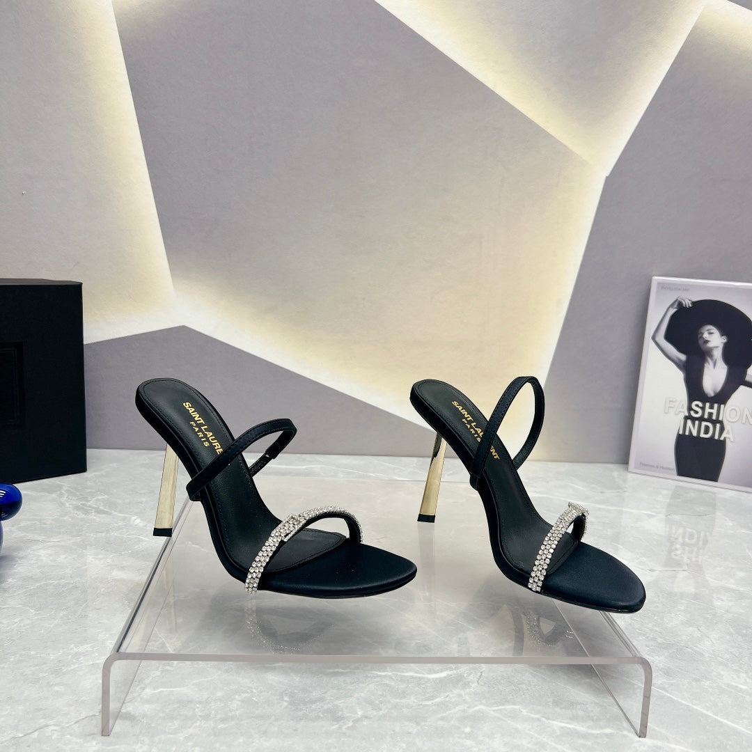 SL CRYSTAL THIN BELT HIGH HEELS BLACK SATIN – Kal Recovery