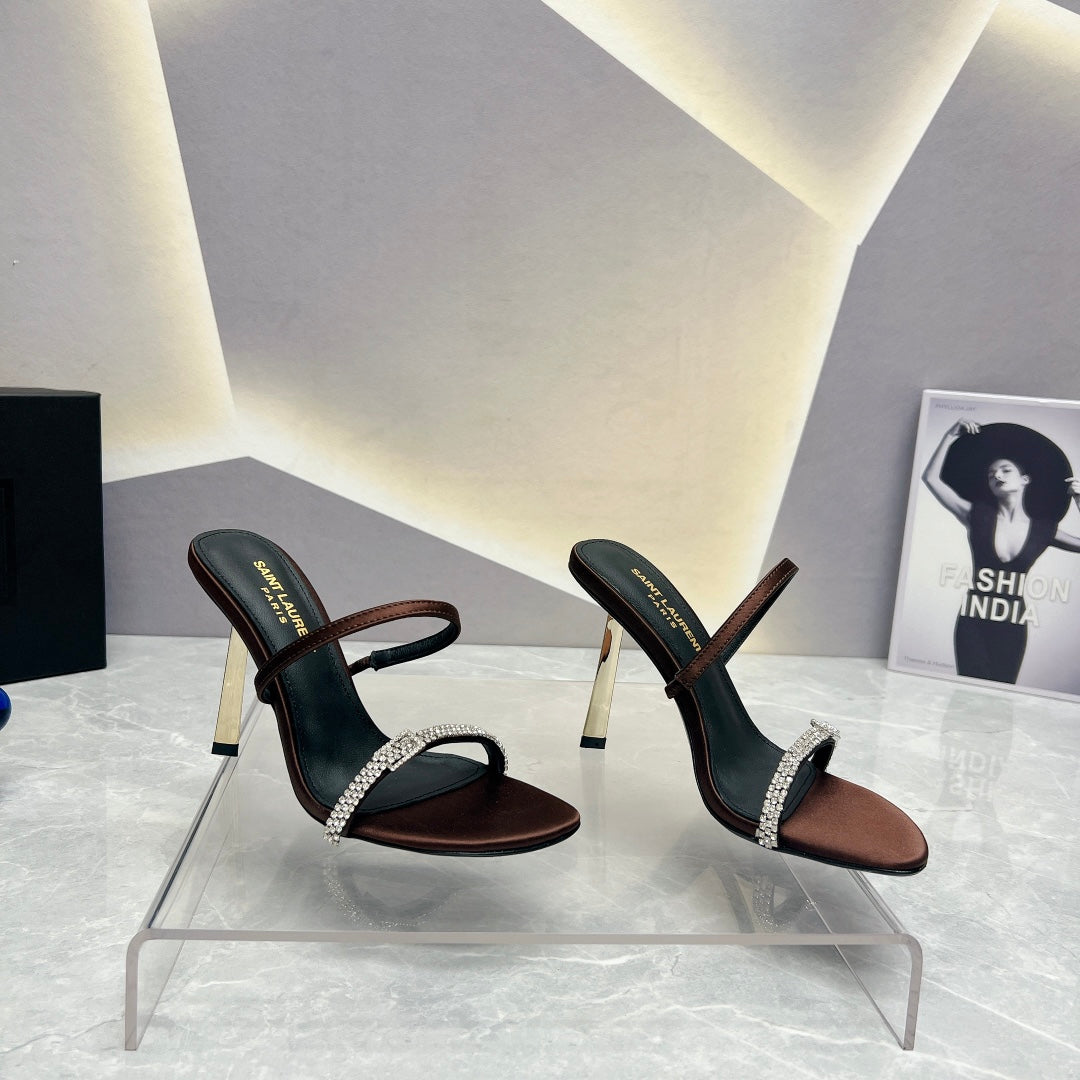 SL CRYSTAL THIN BELT HIGH HEELS BROWN SATIN – Meejuri