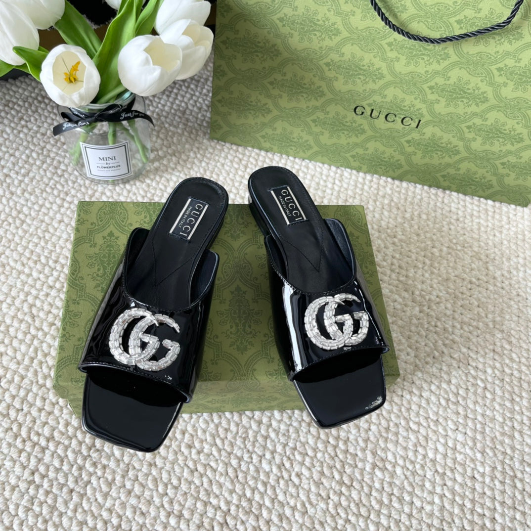 GG CRYSTAL SLIDES SANDAL BLACK CALFSKIN – Kal Recovery
