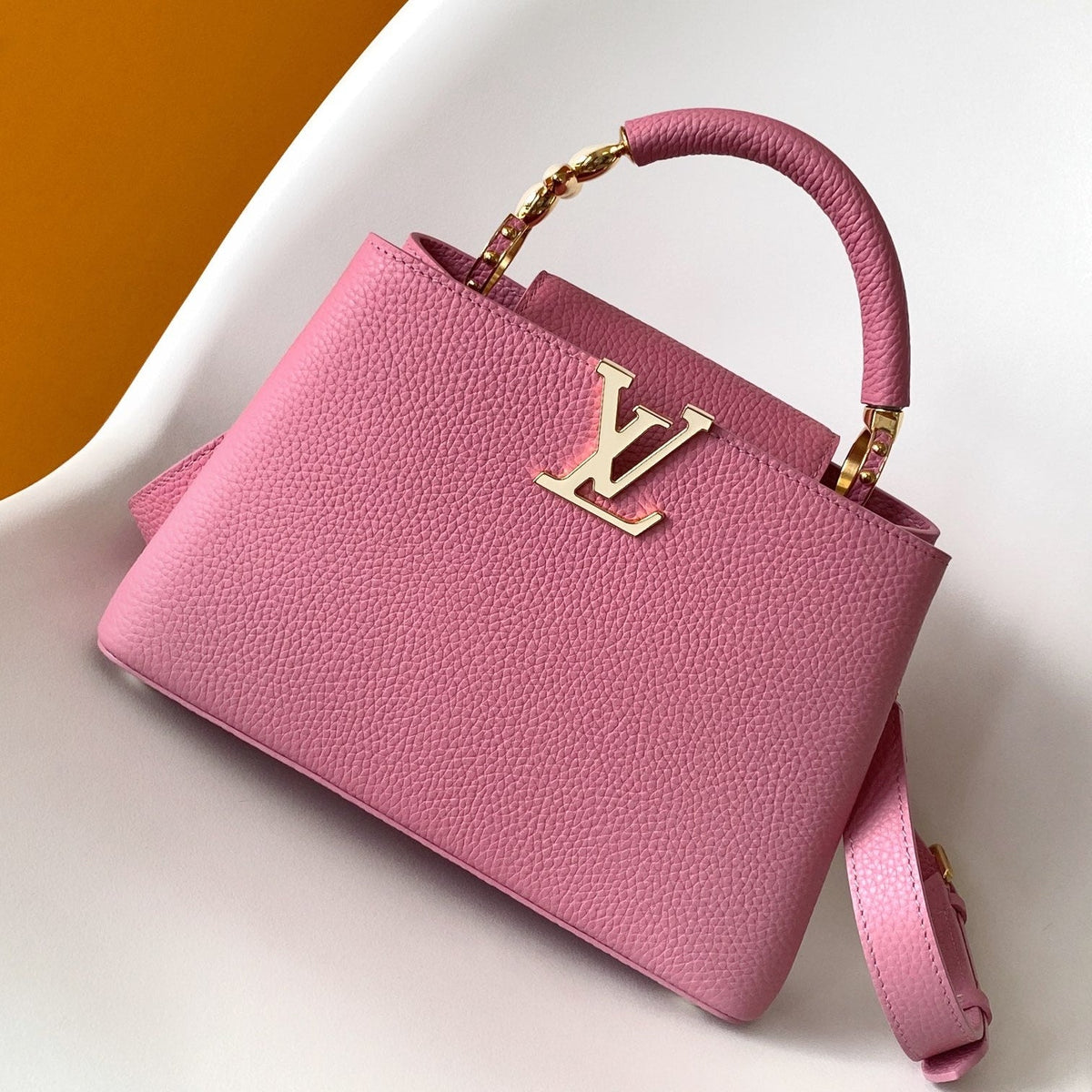 CAPUCINES MINI 21 IN MARSHMALLOW PINK TAURILLON GOLD HARDWARE – Meejuri