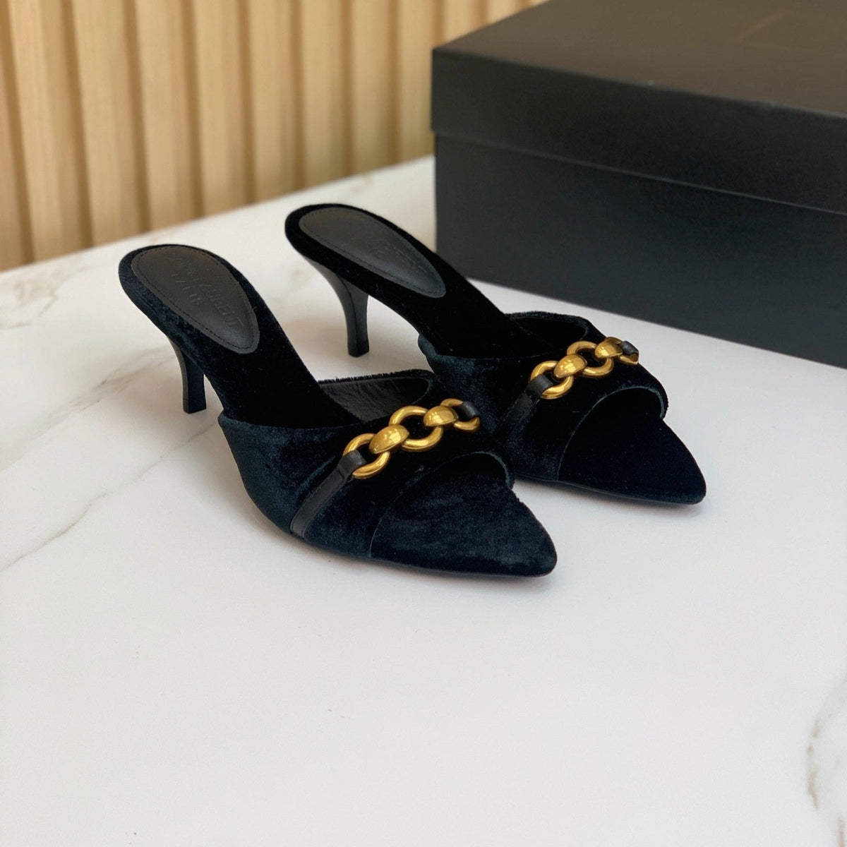 SL CHAIN ATTACH HEELED MULES BLACK VELVET – Kal Recovery