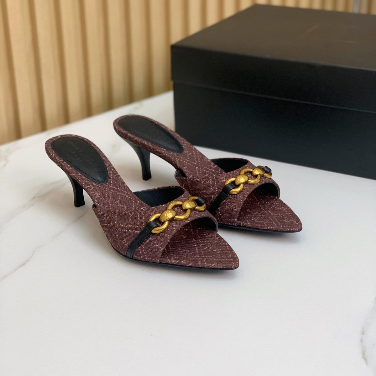 SL CHAIN ATTACH HEELED MULES BROWN DENIM – Kal Recovery