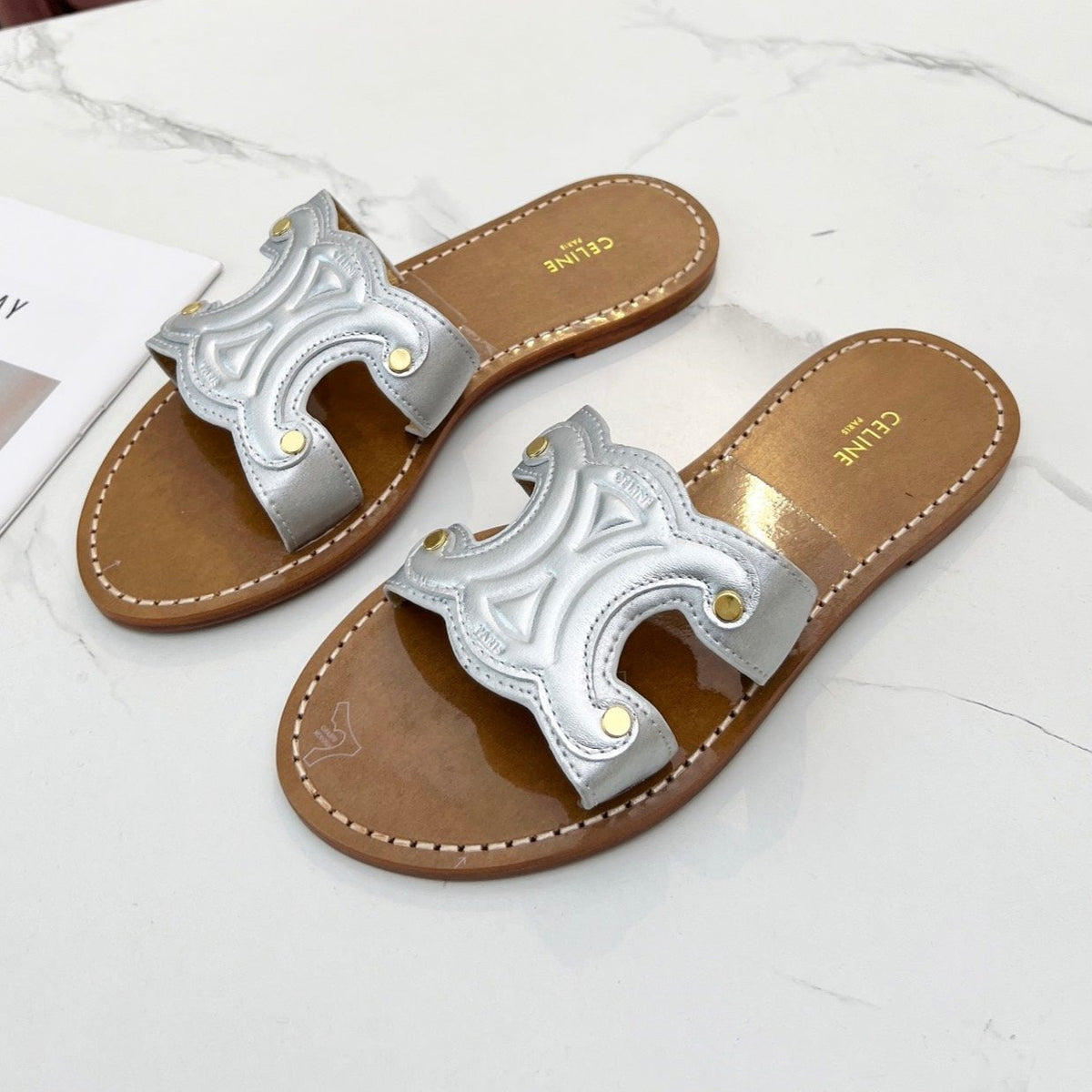 TRIOMPHE SLIDE IN SILVER CALFSKIN – Kal Recovery