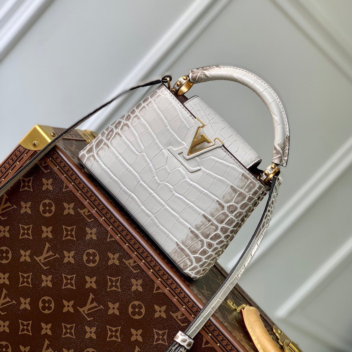 CAPUCINES MINI 21 WHITE GREY CROCODILE EMBOSSED CALFSKIN GOLD HARDWARE ...