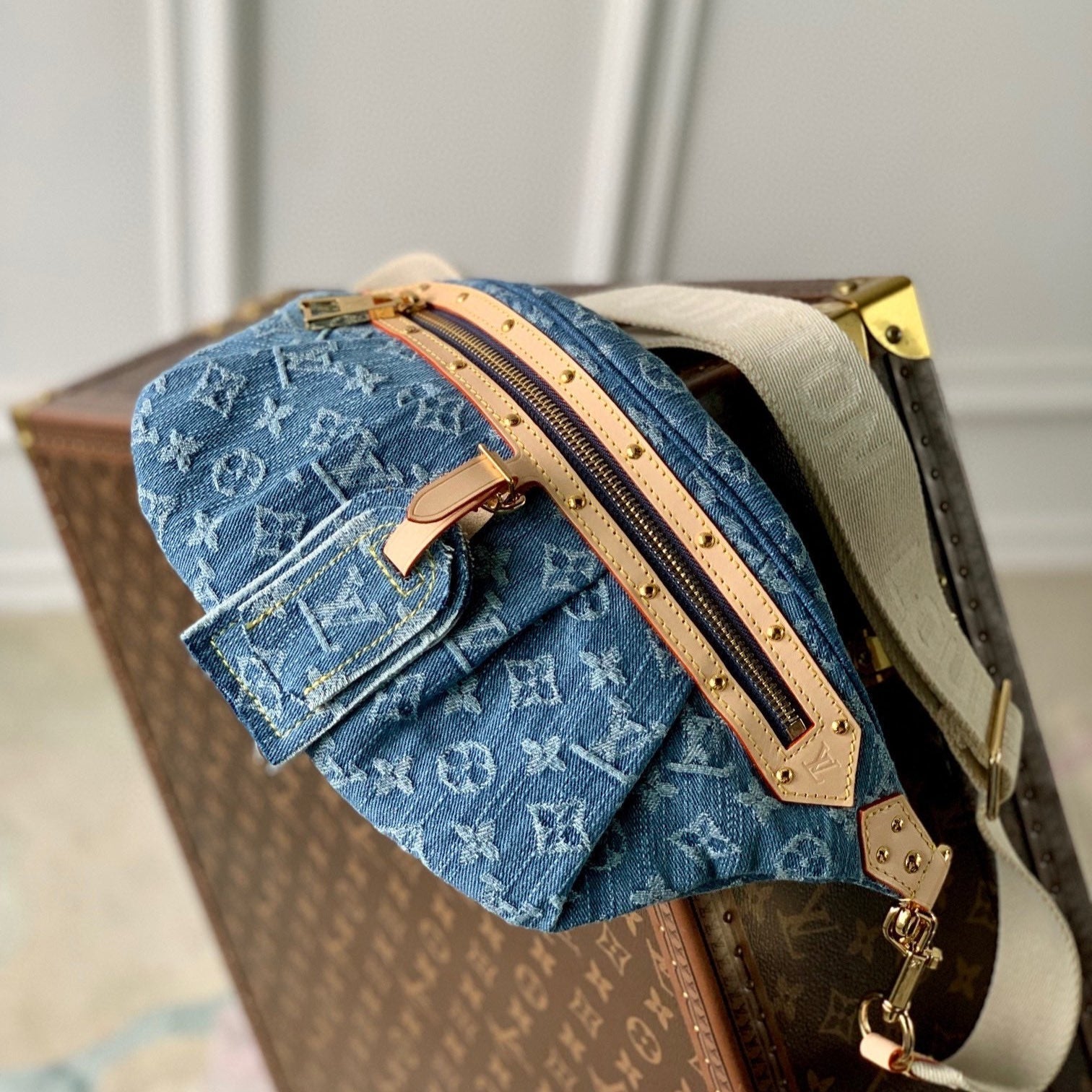 HIGH RISE 38 IN BLUE MONOGRAM DENIM GOLD HARDWARE – Kal Recovery