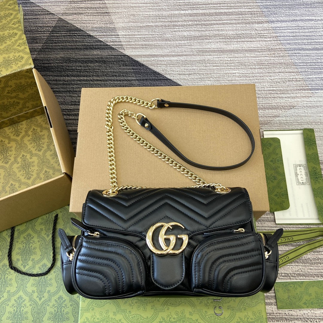 MARMONT SMALL MULTI-POCKET BAG 25 IN BLACK CALFSKIN GOLD HARDWARE – Meejuri