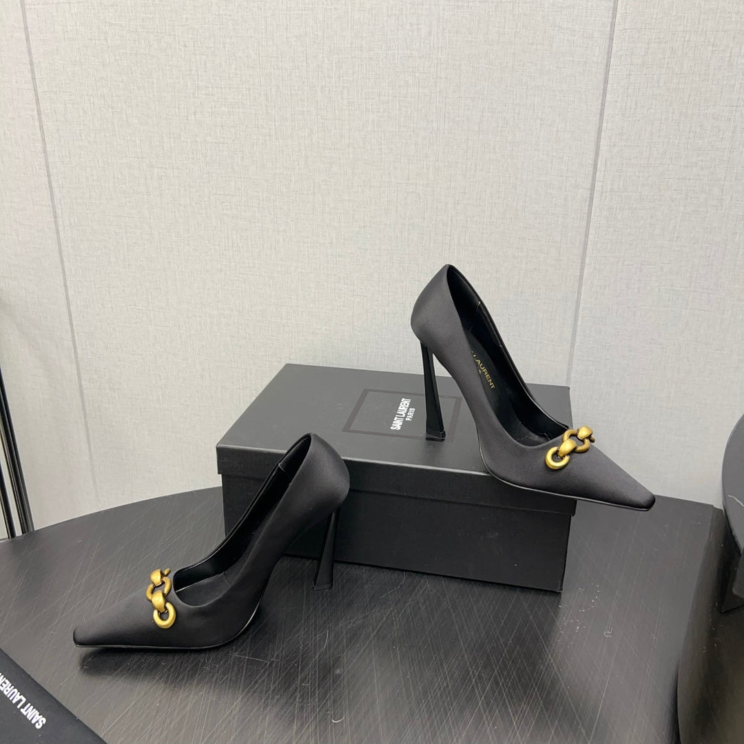 HIGH PUMPS IN BLACK SILK ATTACHED GOLD CHAIN – Kal Recovery