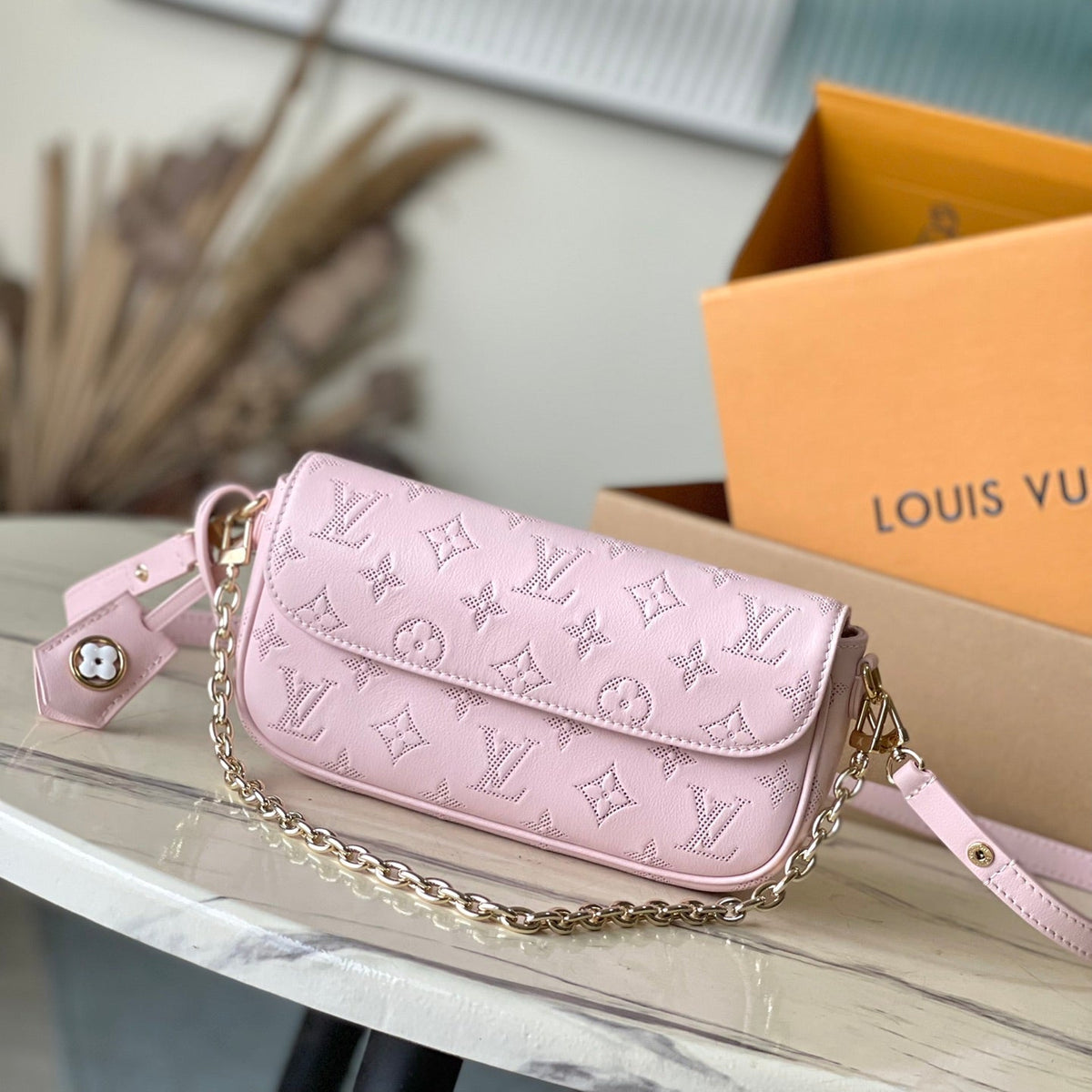 WALLET ON CHAIN IVY 23 IN LIGHT PINK MONOGRAM PERFORATED CALFSKIN GOLD ...