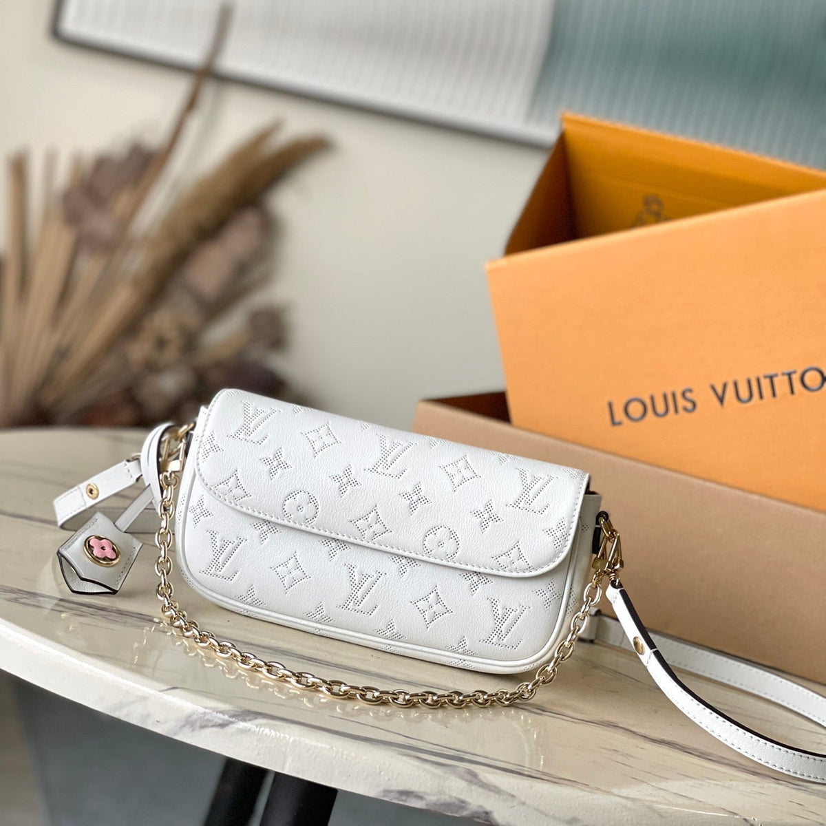 WALLET ON CHAIN IVY 23 IN WHITE MONOGRAM PERFORATED CALFSKIN GOLD HARD ...