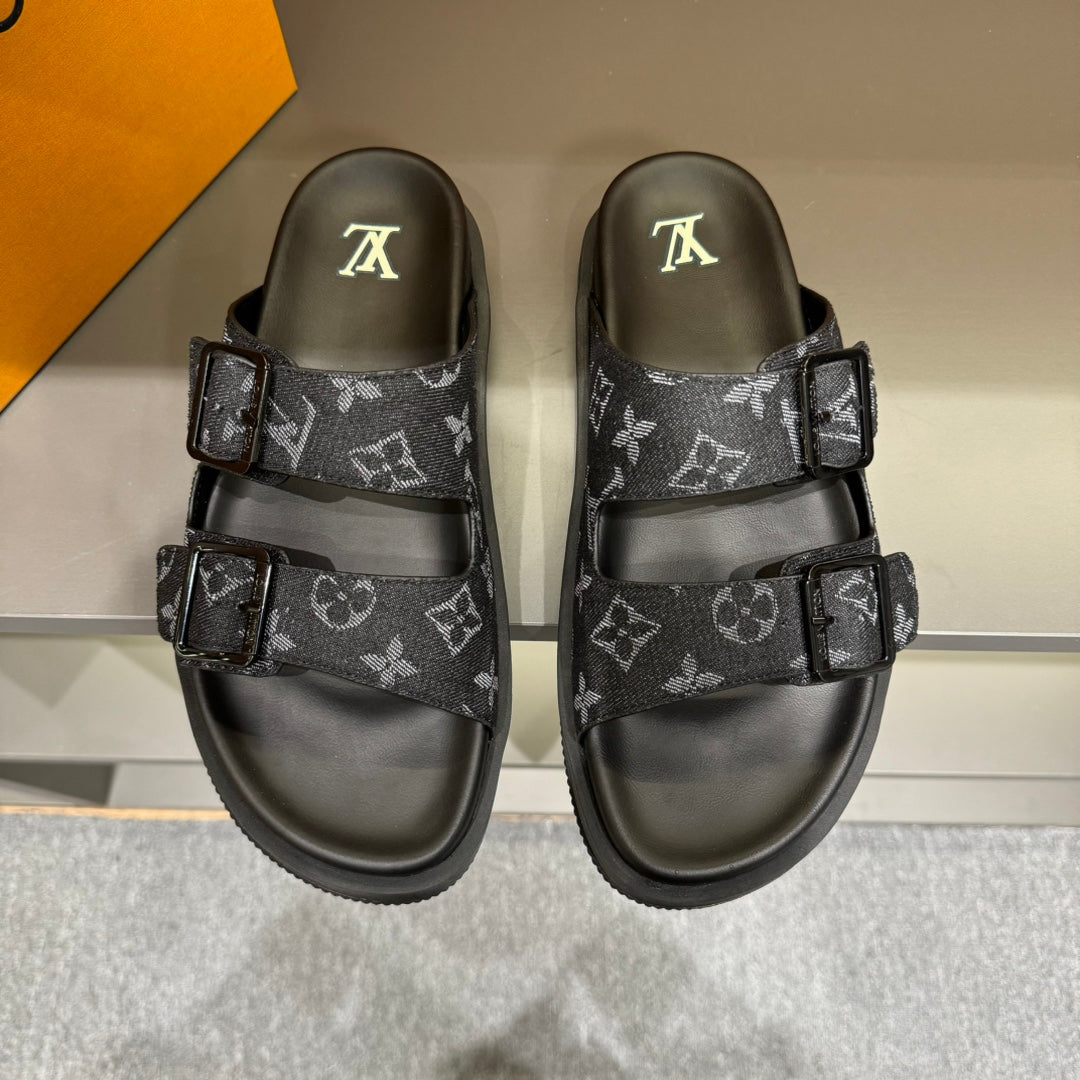 LV DAD SANDAL BLACK MONOGRAM DENIM – Kal Recovery