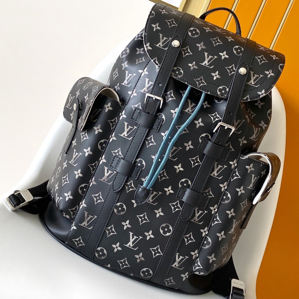 CHRISTOPHER BACKPACK 48 IN BLACK WHITE MONOGRAM CALFSKIN – Meejuri