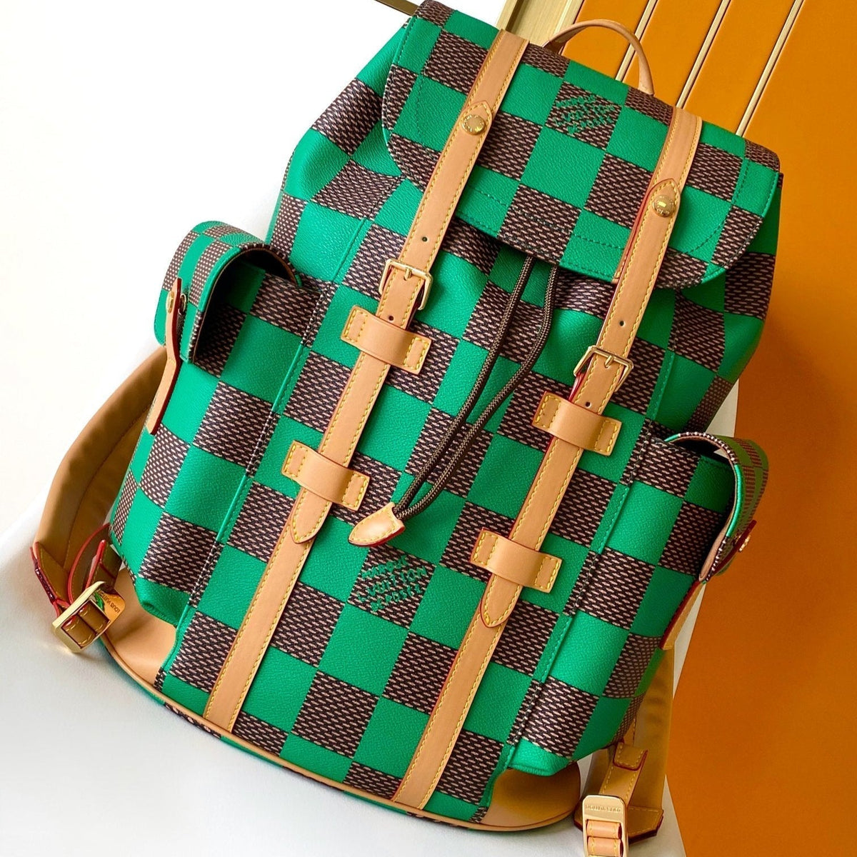 CHRISTOPHER BACKPACK 47 IN BROWN GREEN DAMIER POP COATED CANVAS – Meejuri