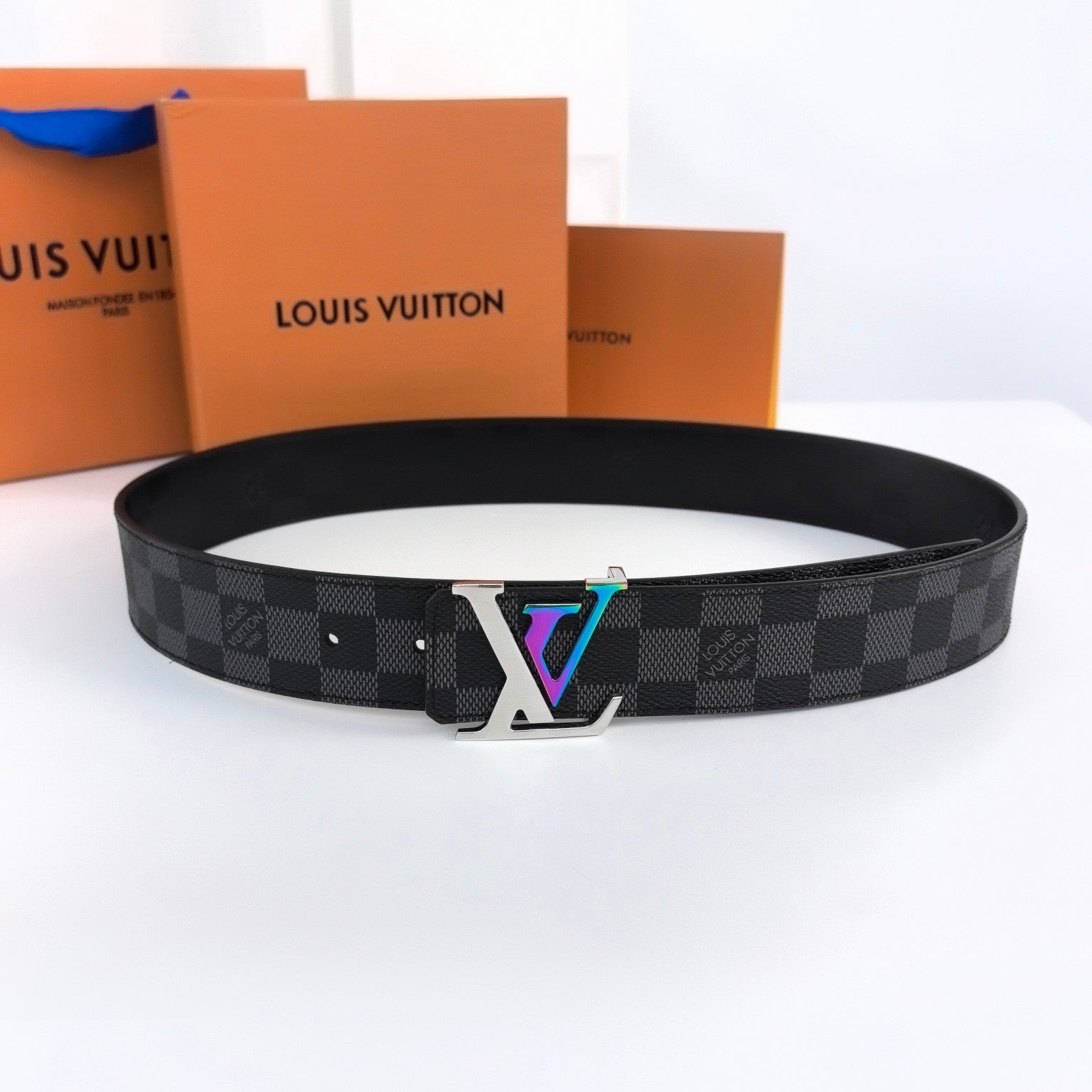 LV LARGE 40MM PYRAMIDE BELT BLACK DAMIER MONOGRAM CALFSKIN METAL HARDW ...