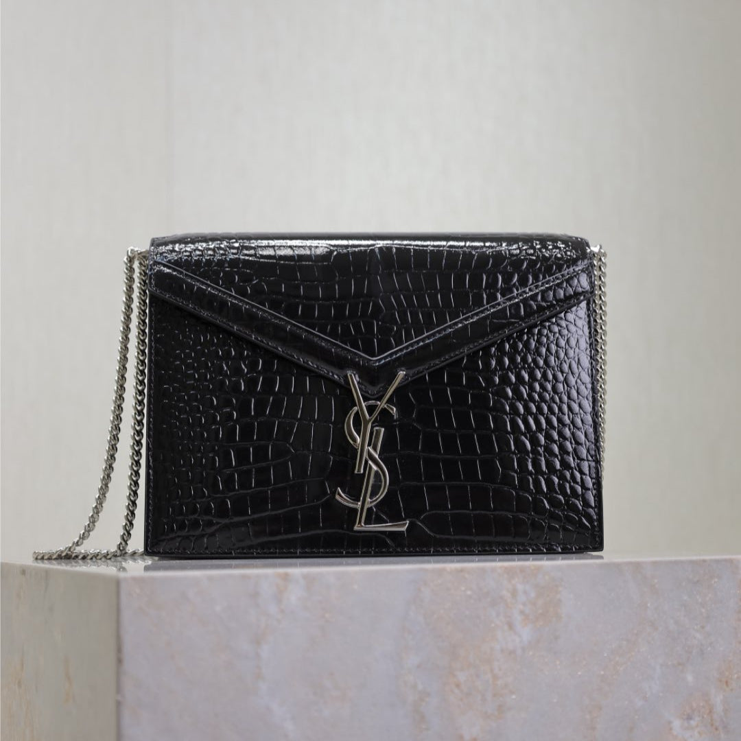 CASSANDRA CHAIN BAG 22 IN BLACK CROCODILE PATTERN CALFSKIN SILVER HARD ...